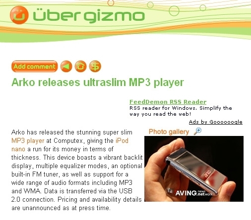 Arko사의 울트라슬림 MP3P, 미주에서 주목