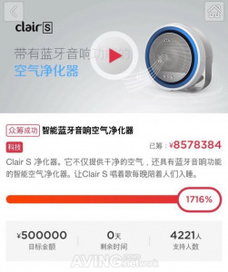 공기청정기 '클레어S', 징동 크라우드펀딩서 경이적 매출 달성하며 마감